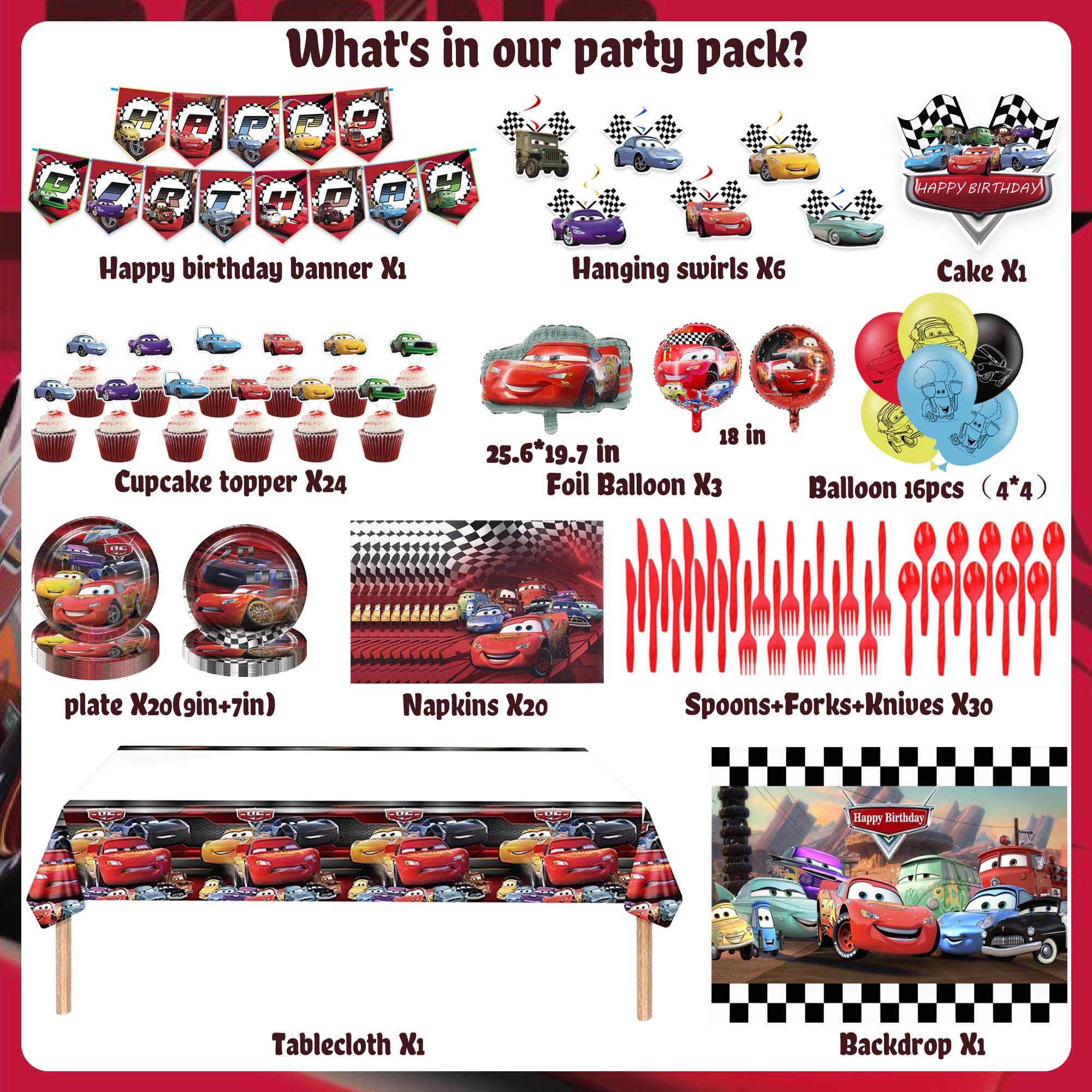 Cars Birthday Party Supplies, Lightning McQueen Birthday Party Supplies Decorations Include Banner, Foil Balloons, Tablecloth, Plates, Backdrop and Forks for Kids