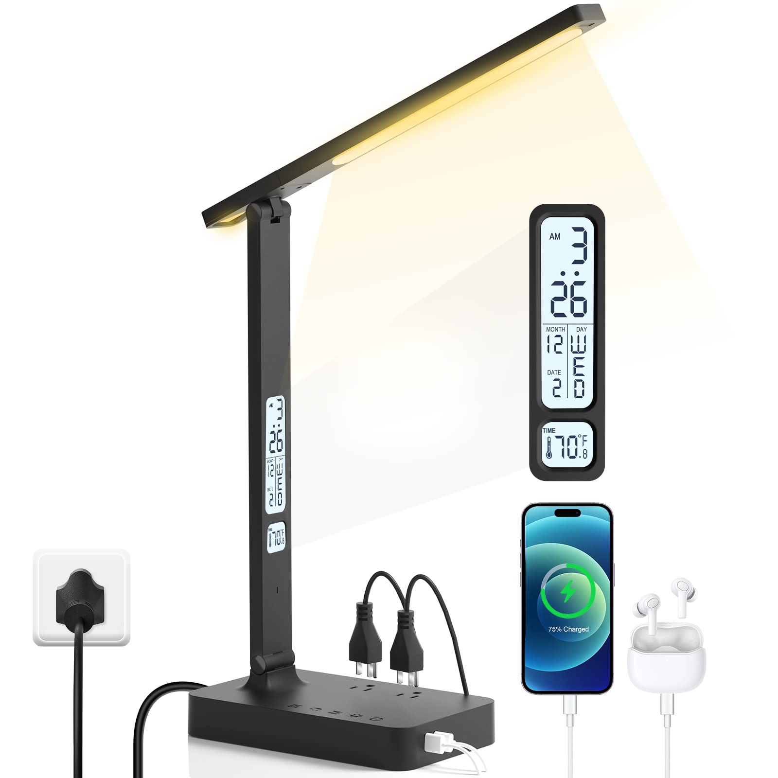 LED Desk Lamp with 2 USB Charging Ports & 2 AC Power Outlets, Desk Lamps for Home Office with Night Light & 5 Color & 5 Brightness, Touch Control Timer Desk Light with Clock, Alarm, Date, Temperature