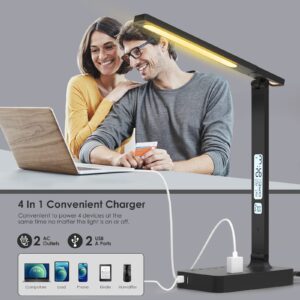 LED Desk Lamp with 2 USB Charging Ports & 2 AC Power Outlets, Desk Lamps for Home Office with Night Light & 5 Color & 5 Brightness, Touch Control Timer Desk Light with Clock, Alarm, Date, Temperature