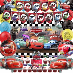 cars birthday party supplies, lightning mcqueen birthday party supplies include banner, foil balloons, backdrop, cupcake toppers for lightning mcqueen cars birthday party favor