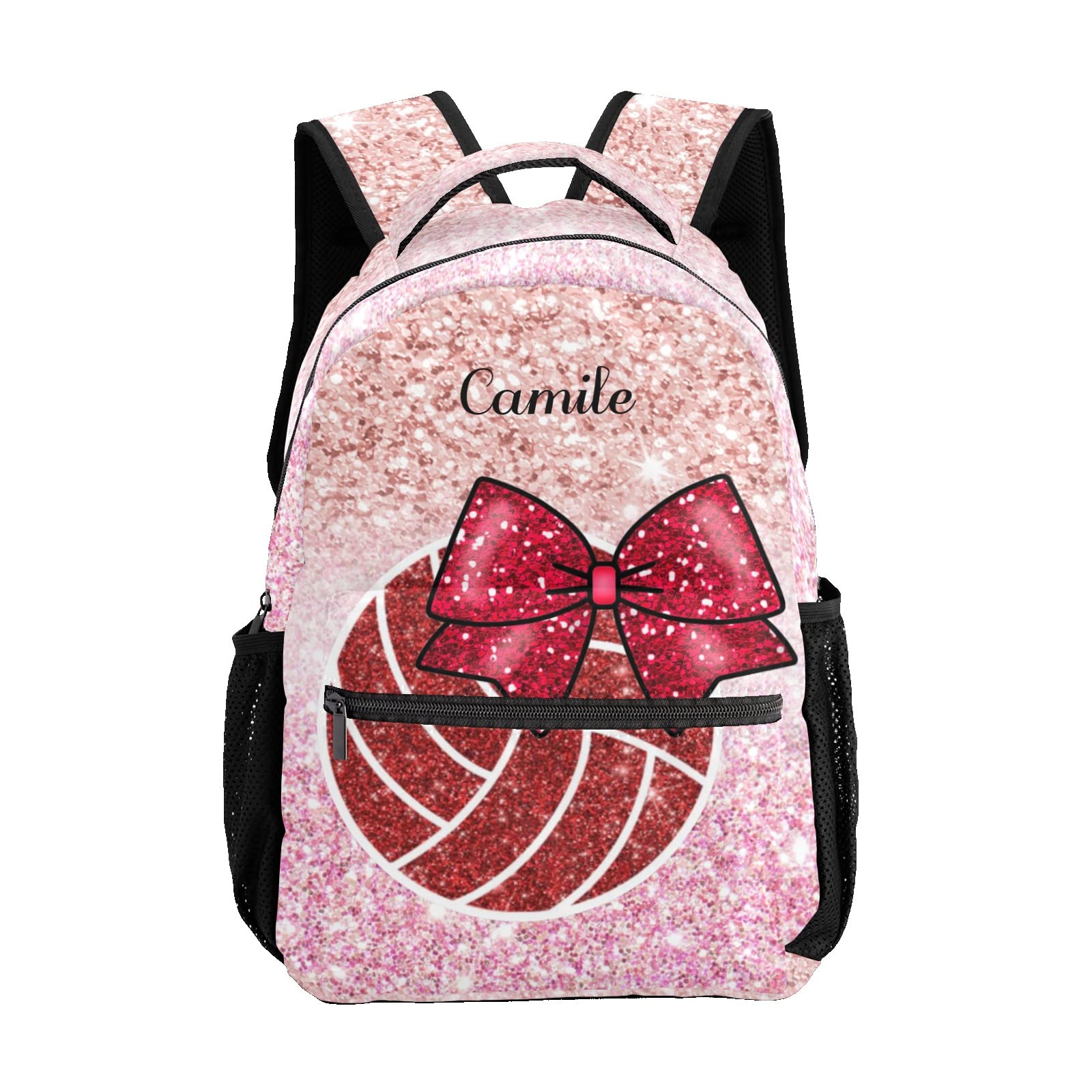 NZOOHY Glitter Volleyball Bow Personalized Kids School Backpack Custom Name for Boys Girls Primary Daypack Bookbag Travel Bag