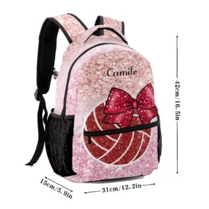 NZOOHY Glitter Volleyball Bow Personalized Kids School Backpack Custom Name for Boys Girls Primary Daypack Bookbag Travel Bag