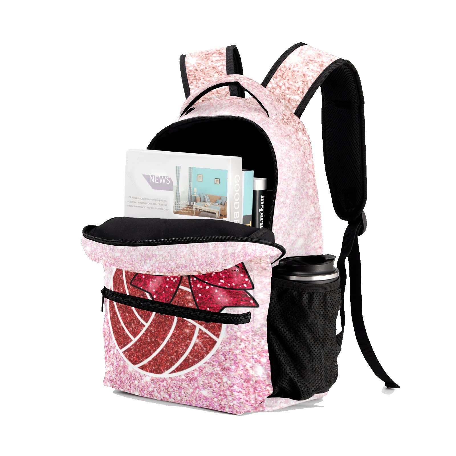 NZOOHY Glitter Volleyball Bow Personalized Kids School Backpack Custom Name for Boys Girls Primary Daypack Bookbag Travel Bag