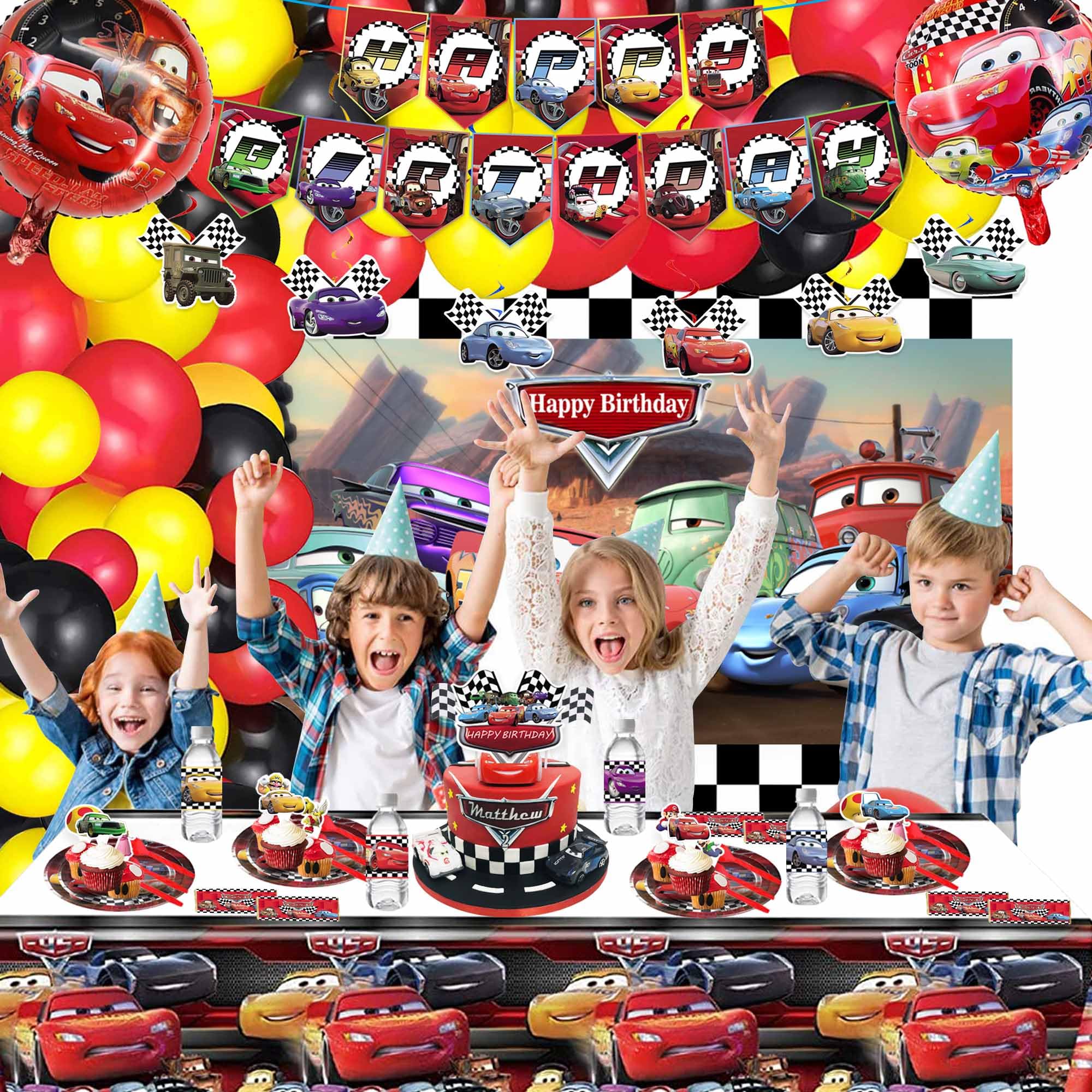 Cars Birthday Party Supplies, Lightning McQueen Birthday Decorations Include Banner, Balloons Arch, Backdrop, Tablecloth, Bottle Labels, Chocolate Stickers, Cupcake Toppers for Cars Theme Party