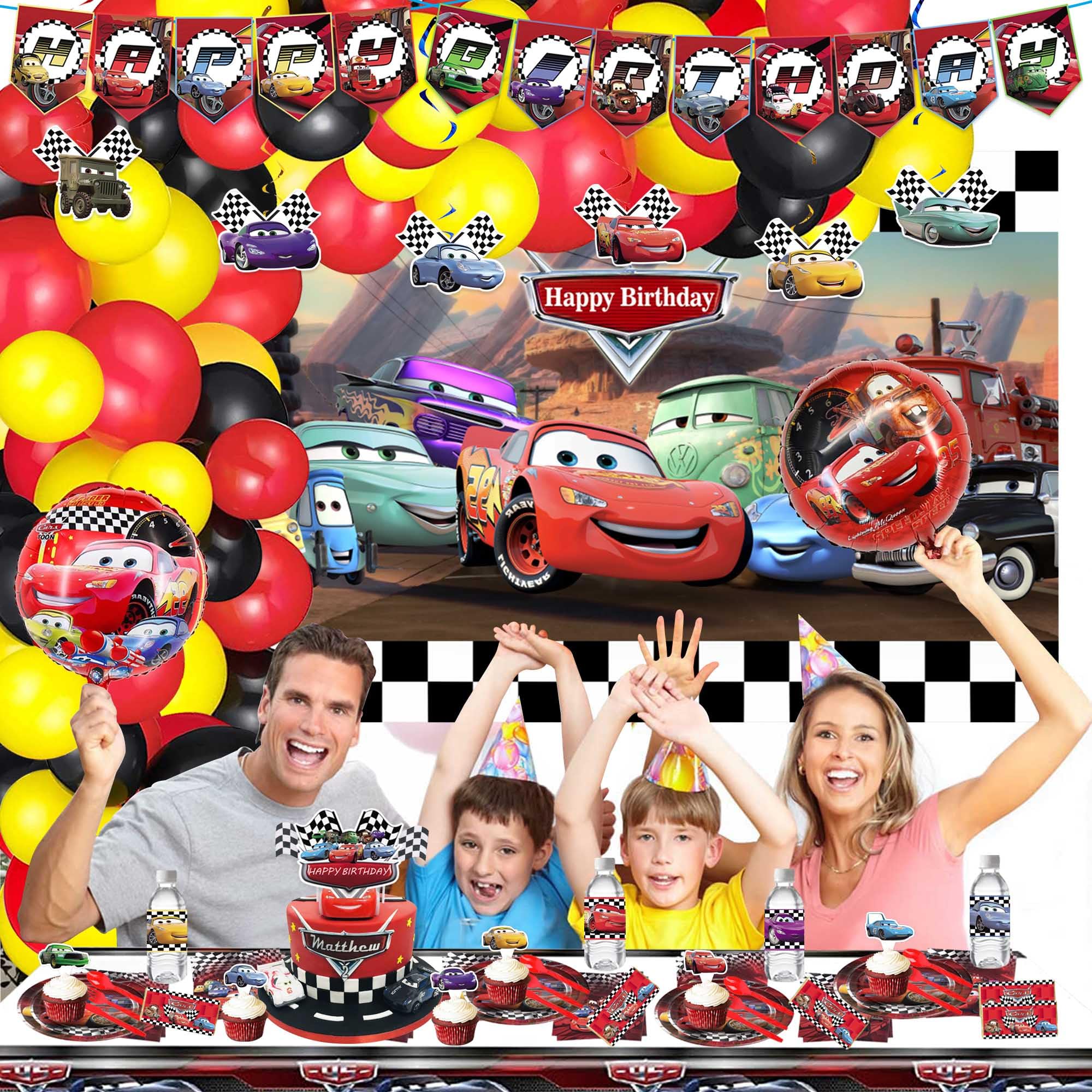 Cars Birthday Party Supplies, Lightning McQueen Birthday Decorations Include Banner, Balloons Arch, Backdrop, Tablecloth, Bottle Labels, Chocolate Stickers, Cupcake Toppers for Cars Theme Party