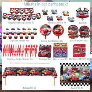 Cars Birthday Party Supplies, Lightning McQueen Birthday Decorations Include Banner, Balloons Arch, Backdrop, Tablecloth, Bottle Labels, Chocolate Stickers, Cupcake Toppers for Cars Theme Party