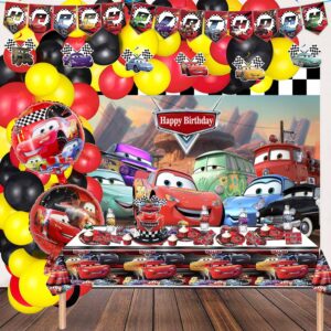 Cars Birthday Party Supplies, Lightning McQueen Birthday Decorations Include Banner, Balloons Arch, Backdrop, Tablecloth, Bottle Labels, Chocolate Stickers, Cupcake Toppers for Cars Theme Party