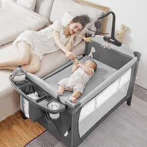 5-in-1 pack and play, baby bassinet bedside sleeper with u-shaped diaper changer, portable baby playard for newborn toddlers, baby crib with 4 adjustable height, carry bag, easy to install