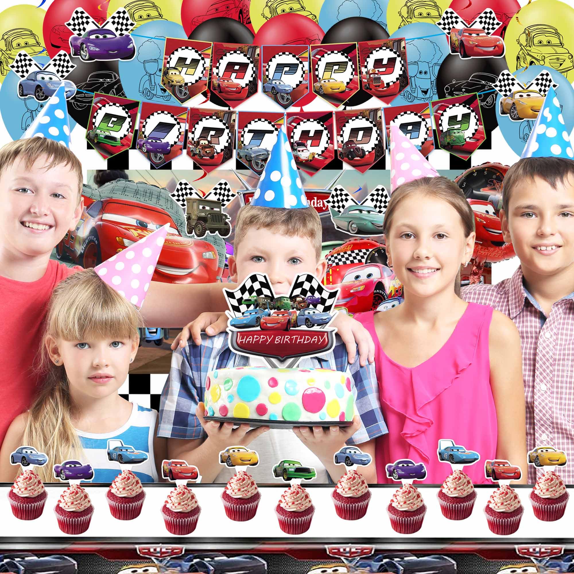 Cars Birthday Party Supplies, Lightning McQueen Cars Birthday Decorations Include Birthday Banner, Foil Balloons, Backdrop, Tablecloth, Cupcake Toppers for Boys Girls