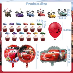 Cars Birthday Party Supplies, Lightning McQueen Cars Birthday Decorations Include Birthday Banner, Foil Balloons, Backdrop, Tablecloth, Cupcake Toppers for Boys Girls