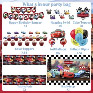 Cars Birthday Party Supplies, Lightning McQueen Cars Birthday Decorations Include Birthday Banner, Foil Balloons, Backdrop, Tablecloth, Cupcake Toppers for Boys Girls