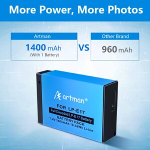 Artman Fully Decoded LP-E17 Battery 1400 mAh Compatible with Canon EOS R50 R10 R8 RP, Rebel T8i, T7i, T6i, T6s, SL2, SL3, EOS M3, M5, M6, EOS 200D,250D,77D, 750D, 760D, 800D, 8000D Cameras（1-Pack）