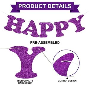 Purple Happy Birthday Banner - NO DIY -Purple Glitter Birthday Party Banner - Pre-Strung -Purple Birthday Garland Ready to Use Purple Birthday Party Decorations & Decor