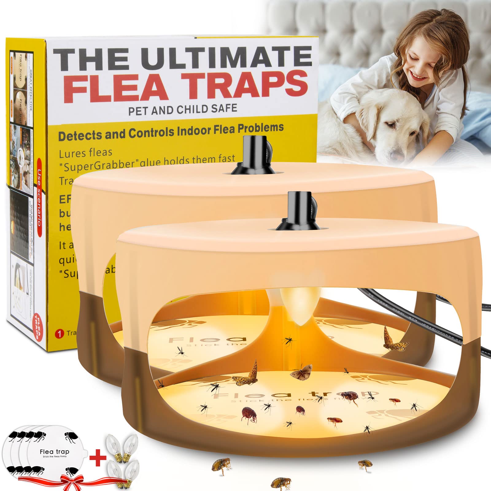 Flea Trap, Indoor Sticky Flea Trap with 2 Glue Discs Odorless Non-Toxic Natural Flea Killer Trap Pad Bed Bug Trap Light Bulb Pest Control for Home House Inside, Safe for Children Pet Dog Cat(2 Pack)