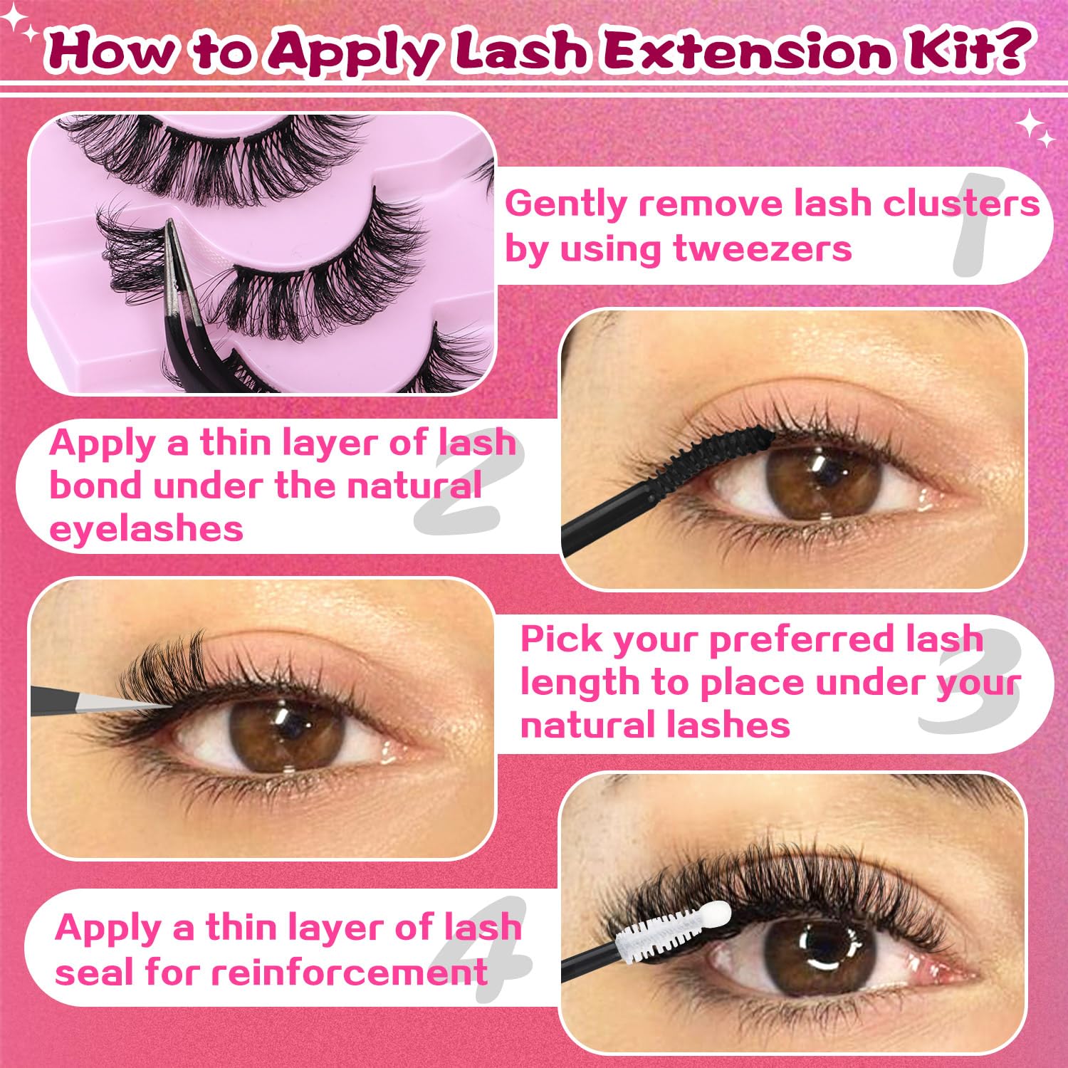 DIY Lash Extension Kit, Natural Lash Clusters 8-16MM Eyelash Extension Kit with Strong Hold Lash Bond and Seal & Eyelashes Applicator Tool, Individual D Curl Cat Eye Lashes Cluster by PHKERATA