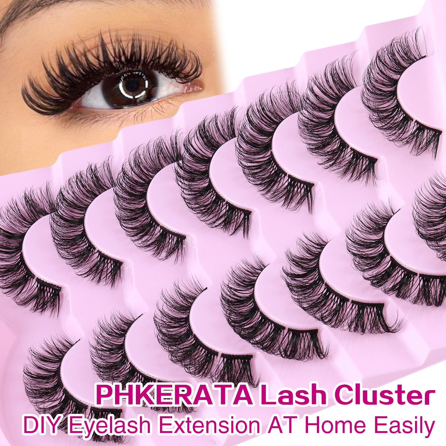 DIY Lash Extension Kit, Natural Lash Clusters 8-16MM Eyelash Extension Kit with Strong Hold Lash Bond and Seal & Eyelashes Applicator Tool, Individual D Curl Cat Eye Lashes Cluster by PHKERATA