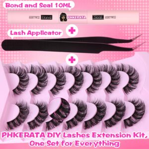 DIY Lash Extension Kit, Natural Lash Clusters 8-16MM Eyelash Extension Kit with Strong Hold Lash Bond and Seal & Eyelashes Applicator Tool, Individual D Curl Cat Eye Lashes Cluster by PHKERATA