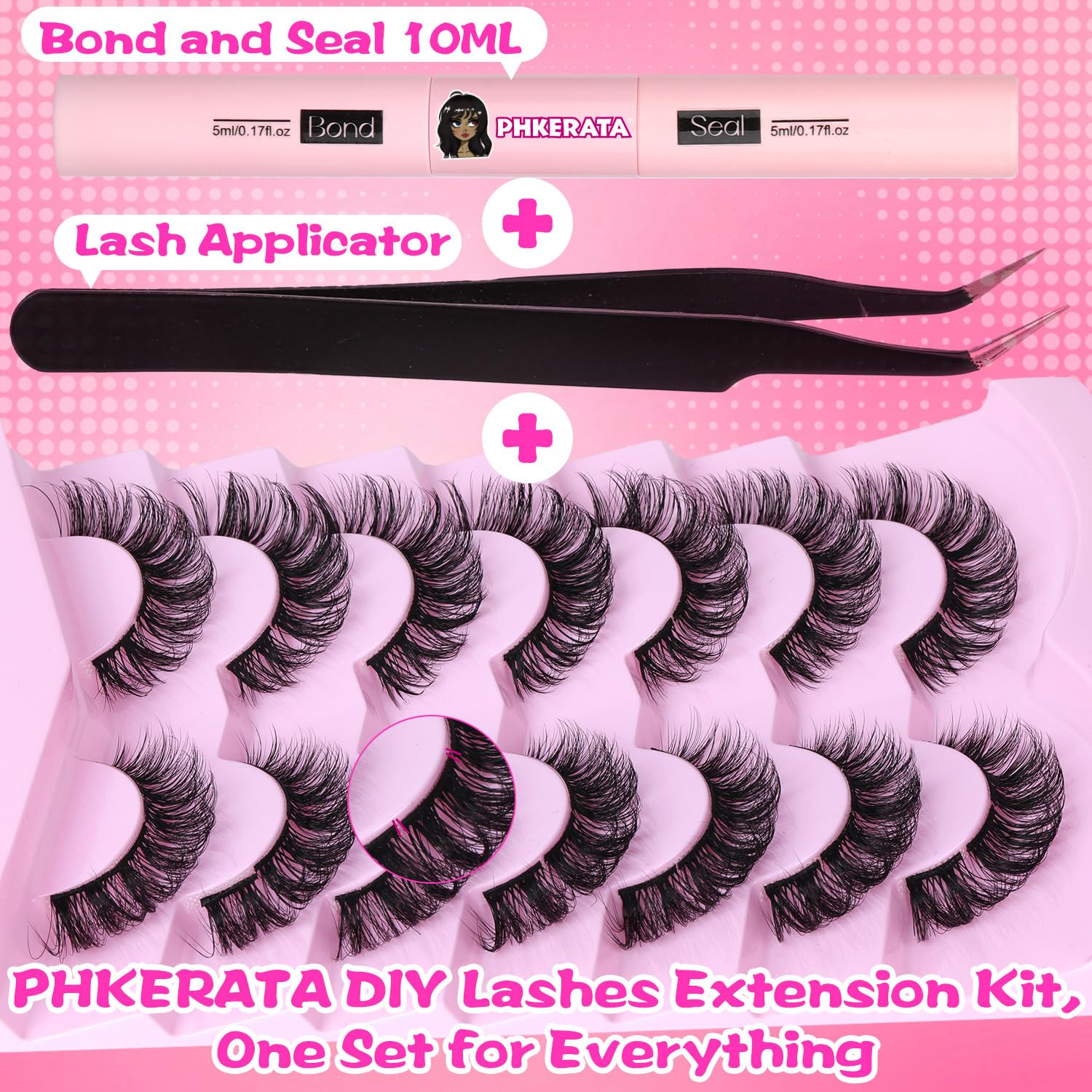 DIY Lash Extension Kit, Natural Lash Clusters 8-16MM Eyelash Extension Kit with Strong Hold Lash Bond and Seal & Eyelashes Applicator Tool, Individual D Curl Cat Eye Lashes Cluster by PHKERATA