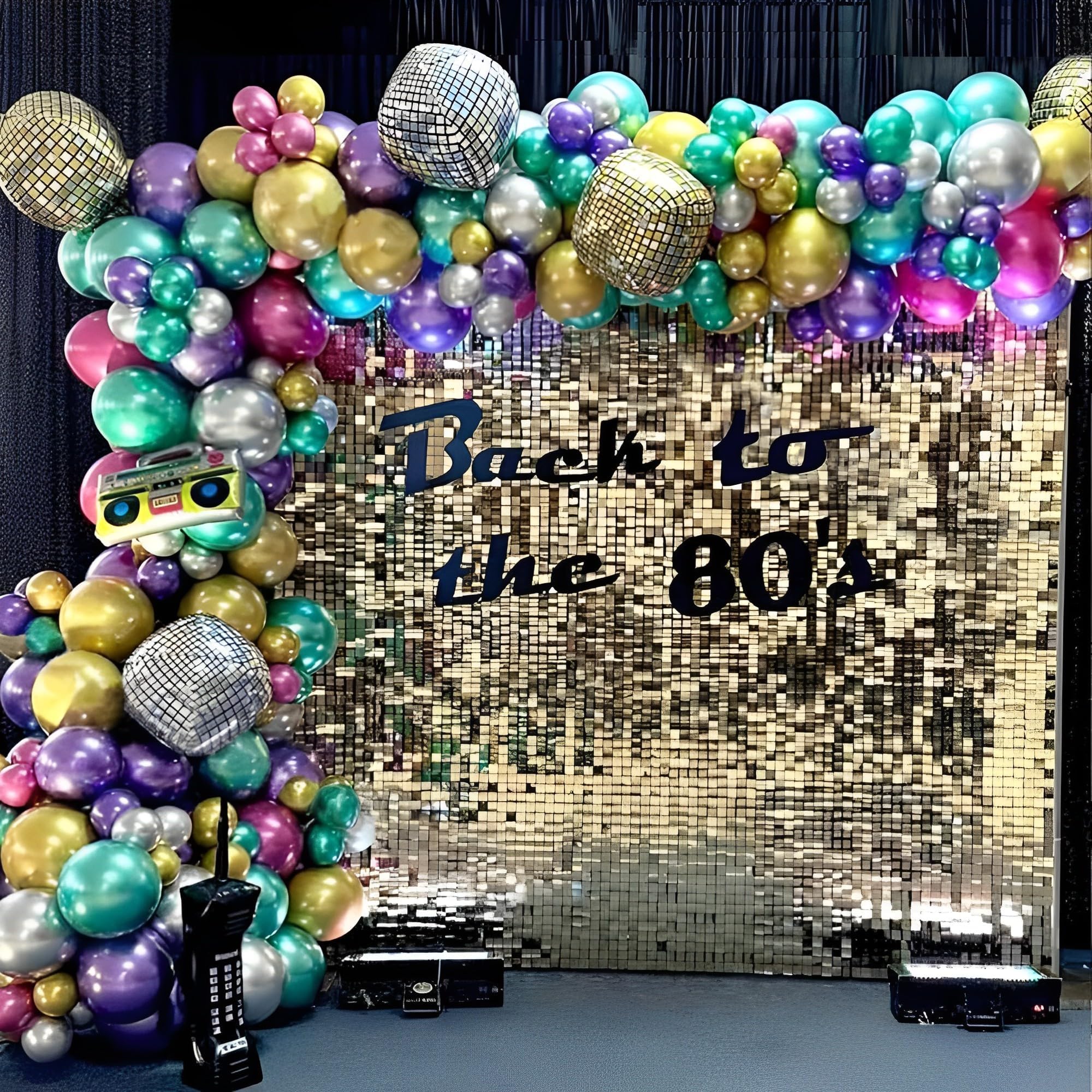 80s 90s Party Decorations 141PCS Disco Ball Balloon Garland Arch Kit with Metallic Gold Silver Balloons Radio Microphone Inflatable for 90s 80s Theme Birthday Party Decorations