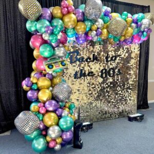 80s 90s Party Decorations 141PCS Disco Ball Balloon Garland Arch Kit with Metallic Gold Silver Balloons Radio Microphone Inflatable for 90s 80s Theme Birthday Party Decorations