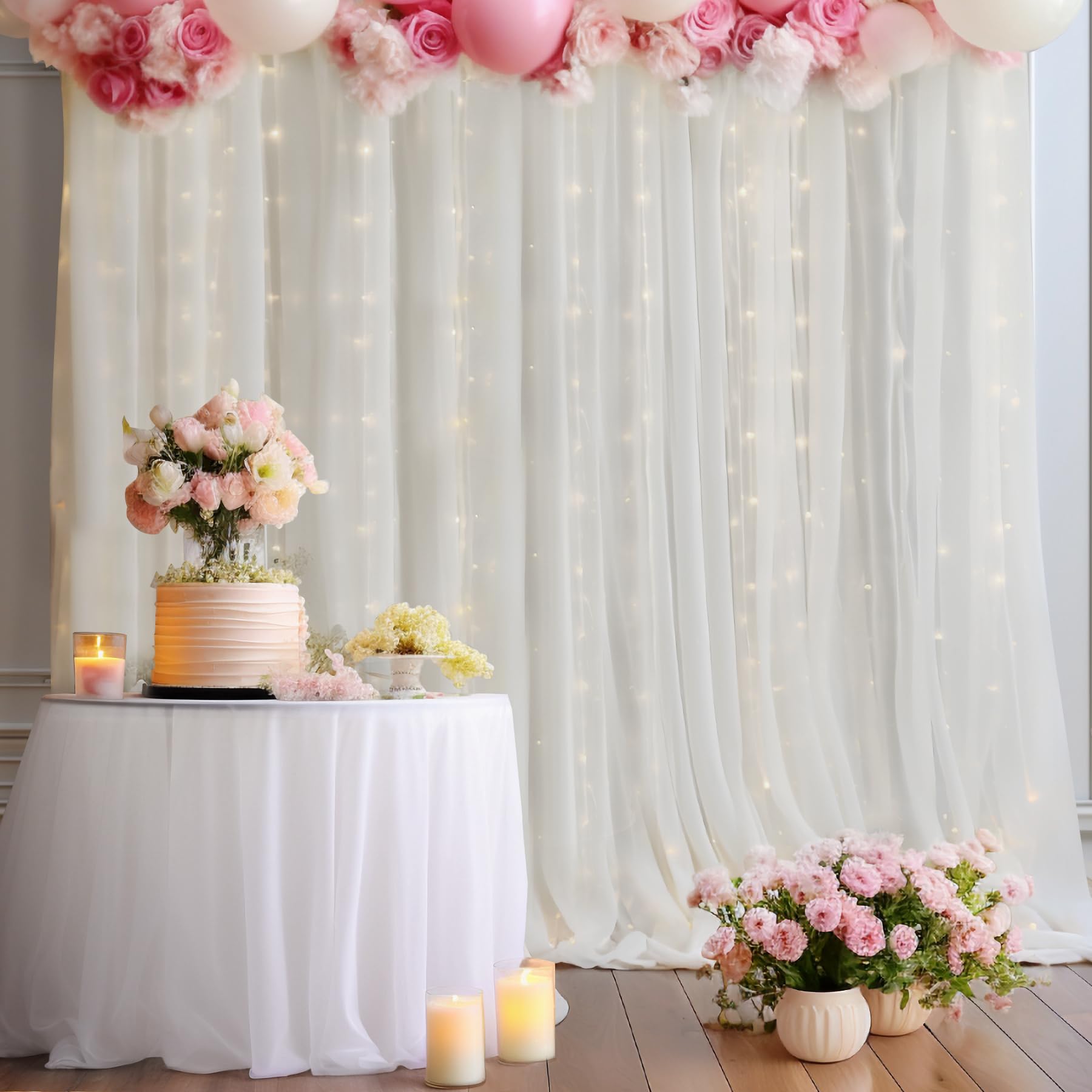 10x10ft White Tulle Backdrop Curtain with Lights String for Parites, Sheer Backdrop Curtains for Wedding Baby Shower Birthday Party Photo Shoot Decorations