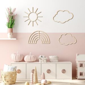 Kathfly 4 Pieces Boho Nursery Decor Baby Nursery Wall Decor Wooden Cloud Sun Rainbow Heart Wall Decor for Nursery Children Baby Kids Boys Girls Bedroom (Cloud, Rainbow, Sun)