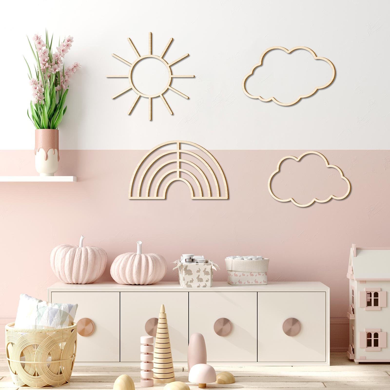 Kathfly 4 Pieces Boho Nursery Decor Baby Nursery Wall Decor Wooden Cloud Sun Rainbow Heart Wall Decor for Nursery Children Baby Kids Boys Girls Bedroom (Cloud, Rainbow, Sun)