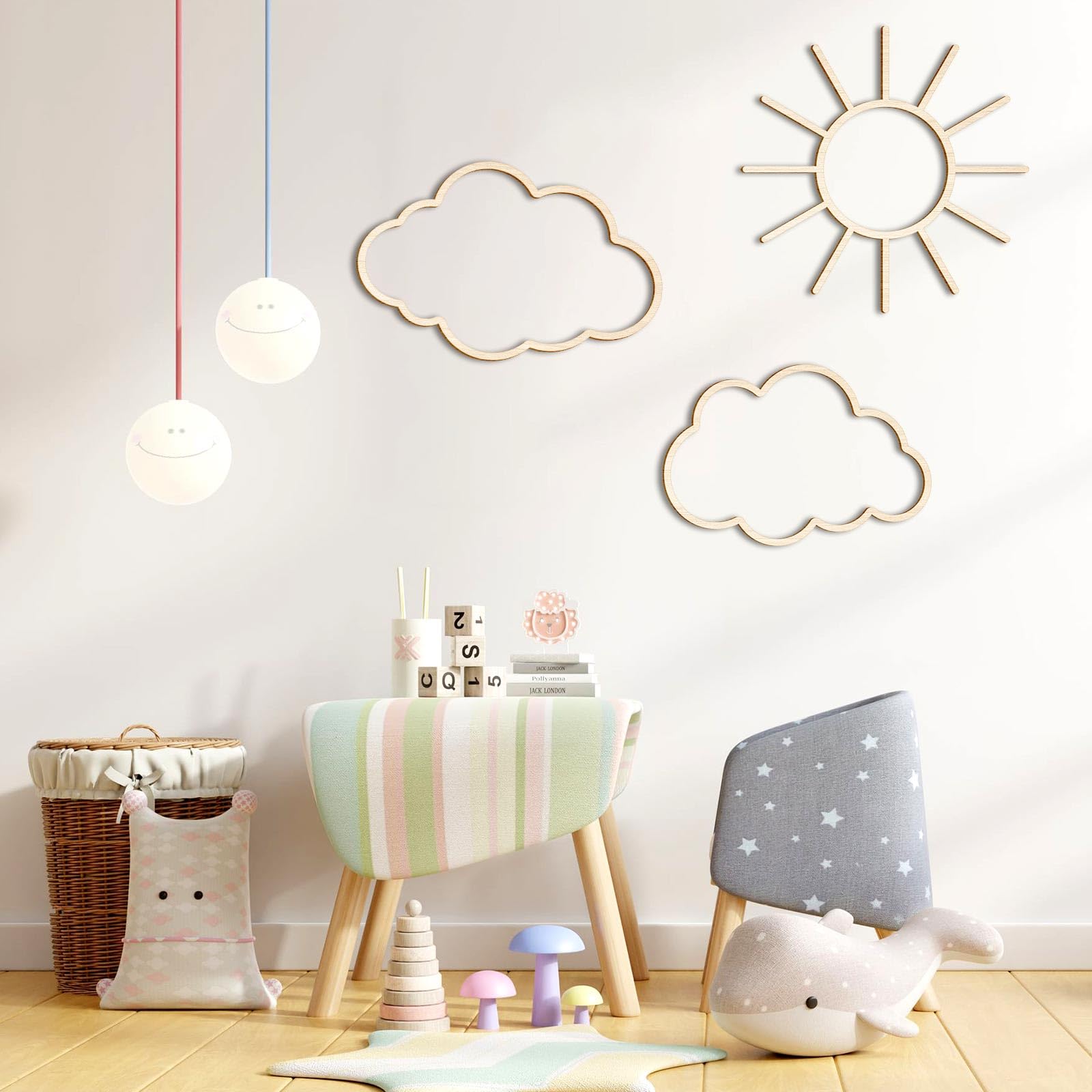 Kathfly 4 Pieces Boho Nursery Decor Baby Nursery Wall Decor Wooden Cloud Sun Rainbow Heart Wall Decor for Nursery Children Baby Kids Boys Girls Bedroom (Cloud, Rainbow, Sun)