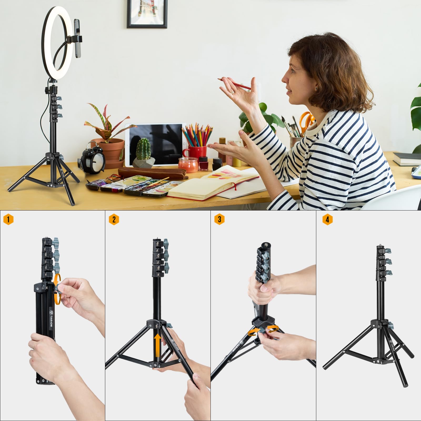 TARION Light Stand for Phone Cameras - 51" Photography Lighting Tripod Stand Mobile Phone Stand Stick Lightweight Foldable Travel Tripod Stand for Recording Vlogging Videography Filming TLS-01