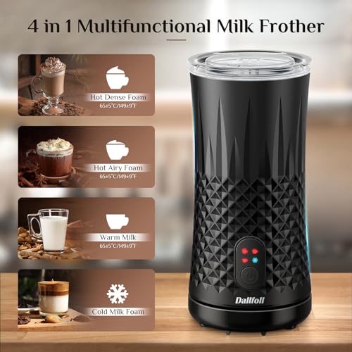 Milk Frother, 4-in-1 Milk Frother and Steamer Electric, Hot and Cold Milk Foam Maker for Coffee, Latte, Cappuccino Silent Operation, Automatic off, Black