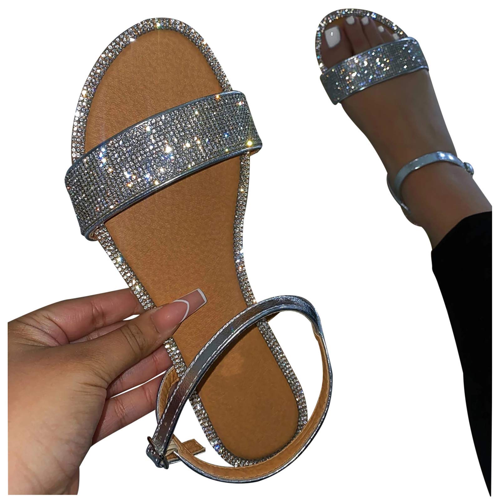 Womens Toe Flat Shoes Crystal Outdoor Buckle Casual Sandals Strap Round Chunky Heels for Fashion Sandal Summer Beach