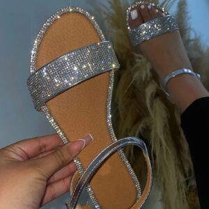 Womens Toe Flat Shoes Crystal Outdoor Buckle Casual Sandals Strap Round Chunky Heels for Fashion Sandal Summer Beach