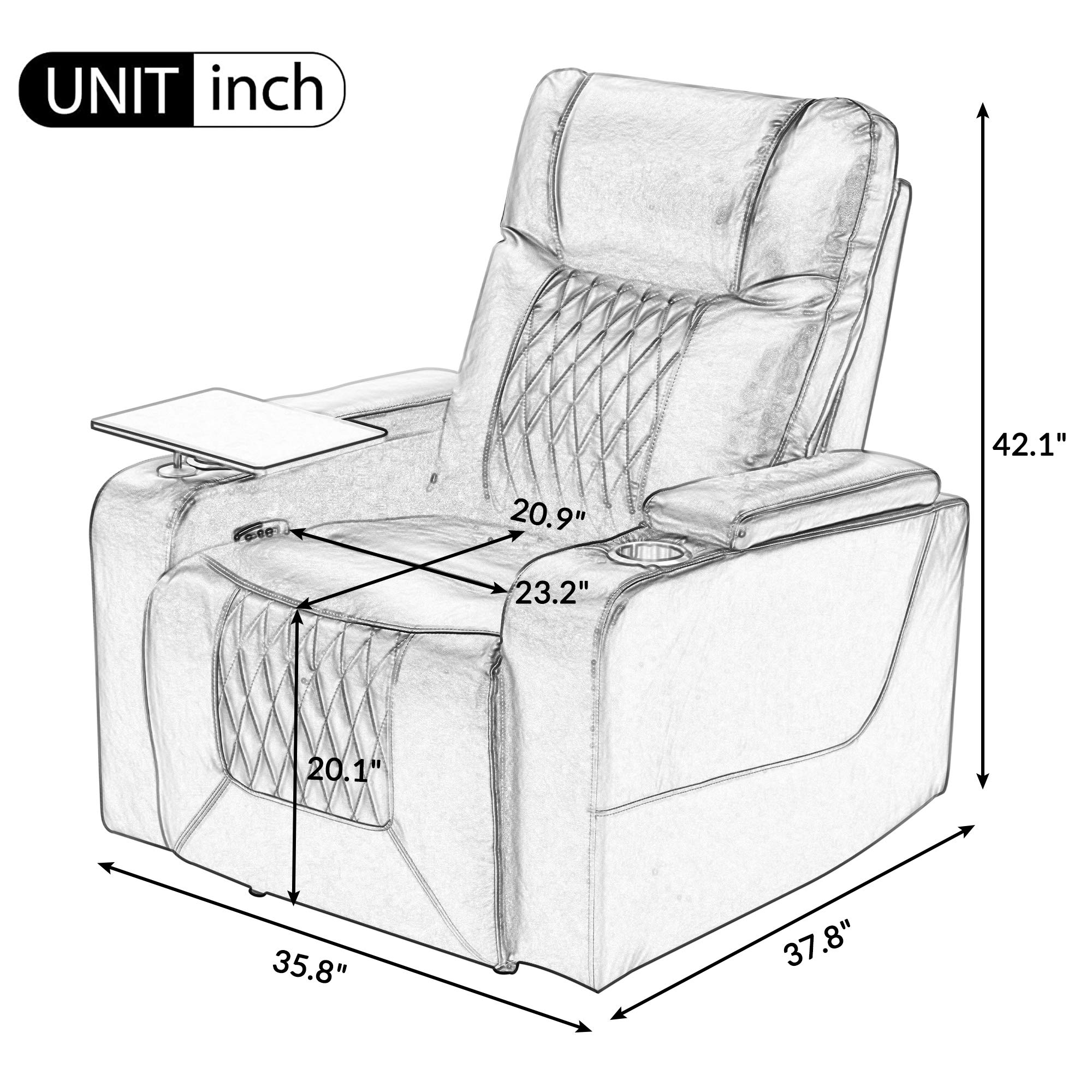 Merax Power Recliner Chair, Leather Lazy Boy Single Sofa with Cup Holders, Tray Table and Storage, 37.8" D x 35.8" W x 42.1" H, Brown