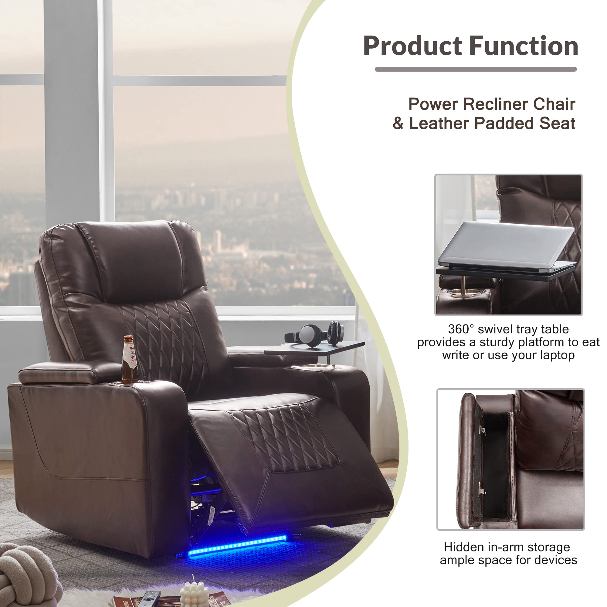 Merax Power Recliner Chair, Leather Lazy Boy Single Sofa with Cup Holders, Tray Table and Storage, 37.8" D x 35.8" W x 42.1" H, Brown