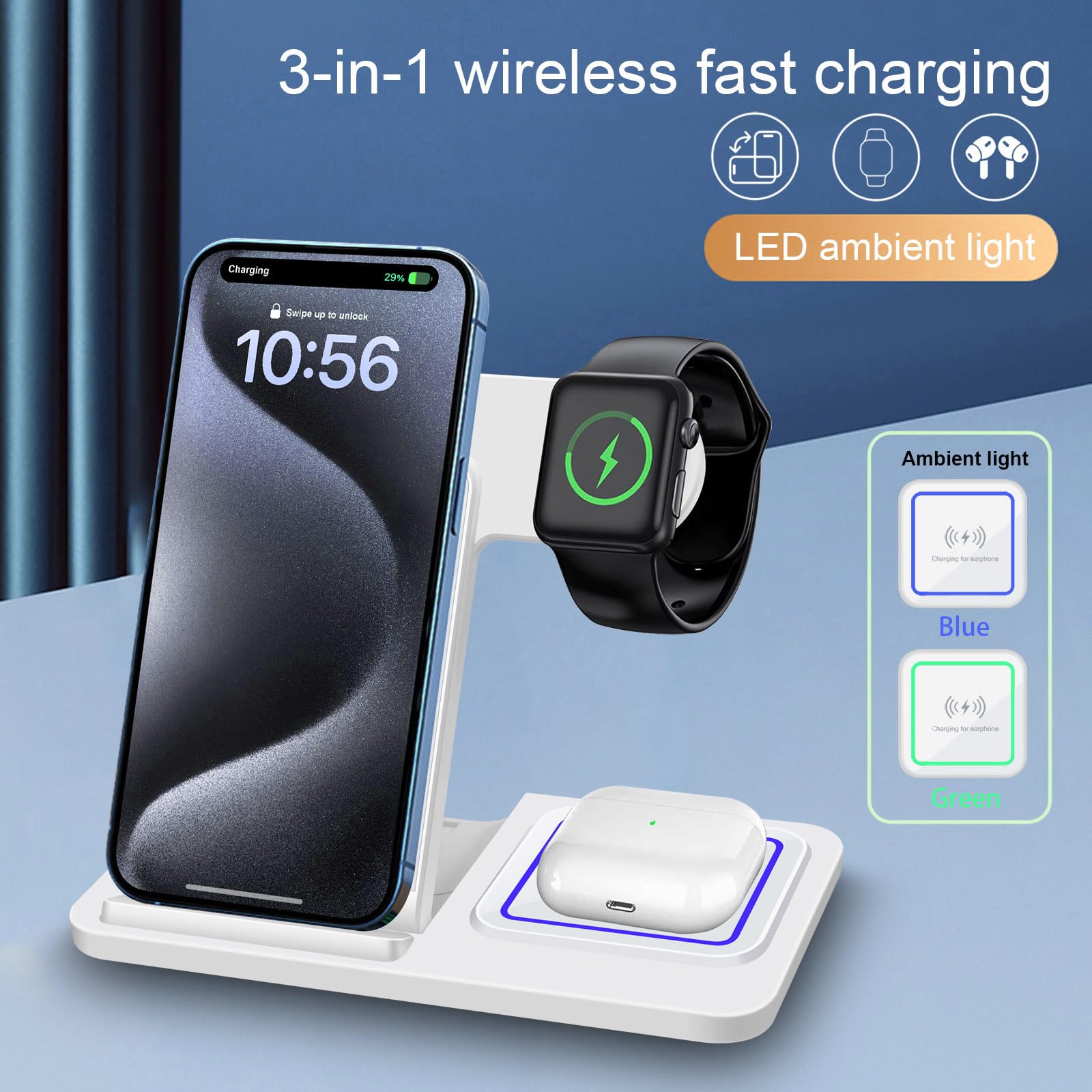 Wireless Charger,VNBBT 3 in 1 Wireless Charging Station Foldable for Apple iPhone/iWatch/Airpods,iPhone 15 14,13,12,11(Pro,Pro Max)/XR/XS/X/8(Plus),iWatch Ultra 9 8 7 6 SE 5 4 AirPods(No Adapter)