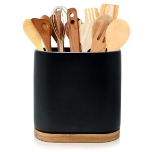 vireesr large ceramic utensil holder for countertop,kitchen utensil holder with bamboo wooden base,cooking utensil holder,easy to clean,tool crock,kitchen tool holder for spatulas and spoons(black)