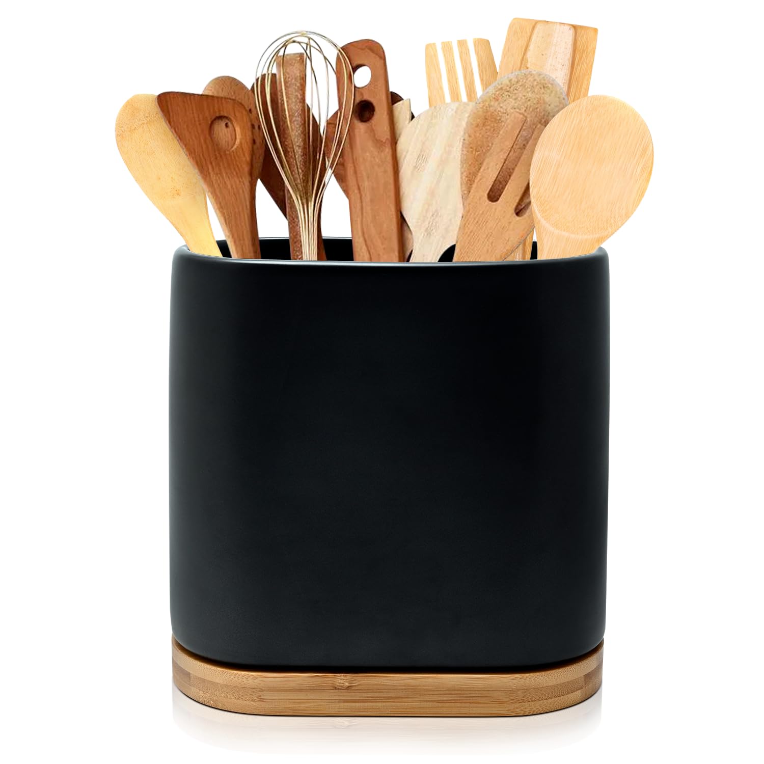 VIREESR Large Ceramic Utensil Holder for Countertop,Kitchen Utensil Holder with Bamboo Wooden Base,Cooking Utensil Holder,Easy to Clean,Tool Crock,Kitchen Tool Holder for Spatulas and Spoons(Black)