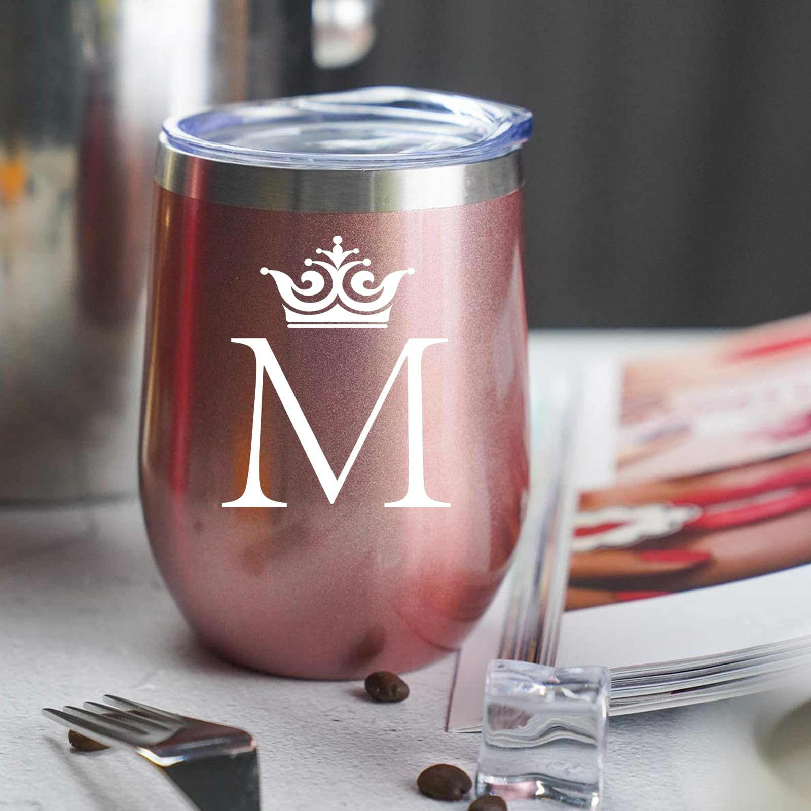 COFOZA Letter M Initial Gifts for Woman Men 12 Oz Stainless Steel Wine Tumbler Drink Cup Monogram Mug Personalized Birthday Wedding Bridesmaid Proposal Engagement Christmas Gift (M)