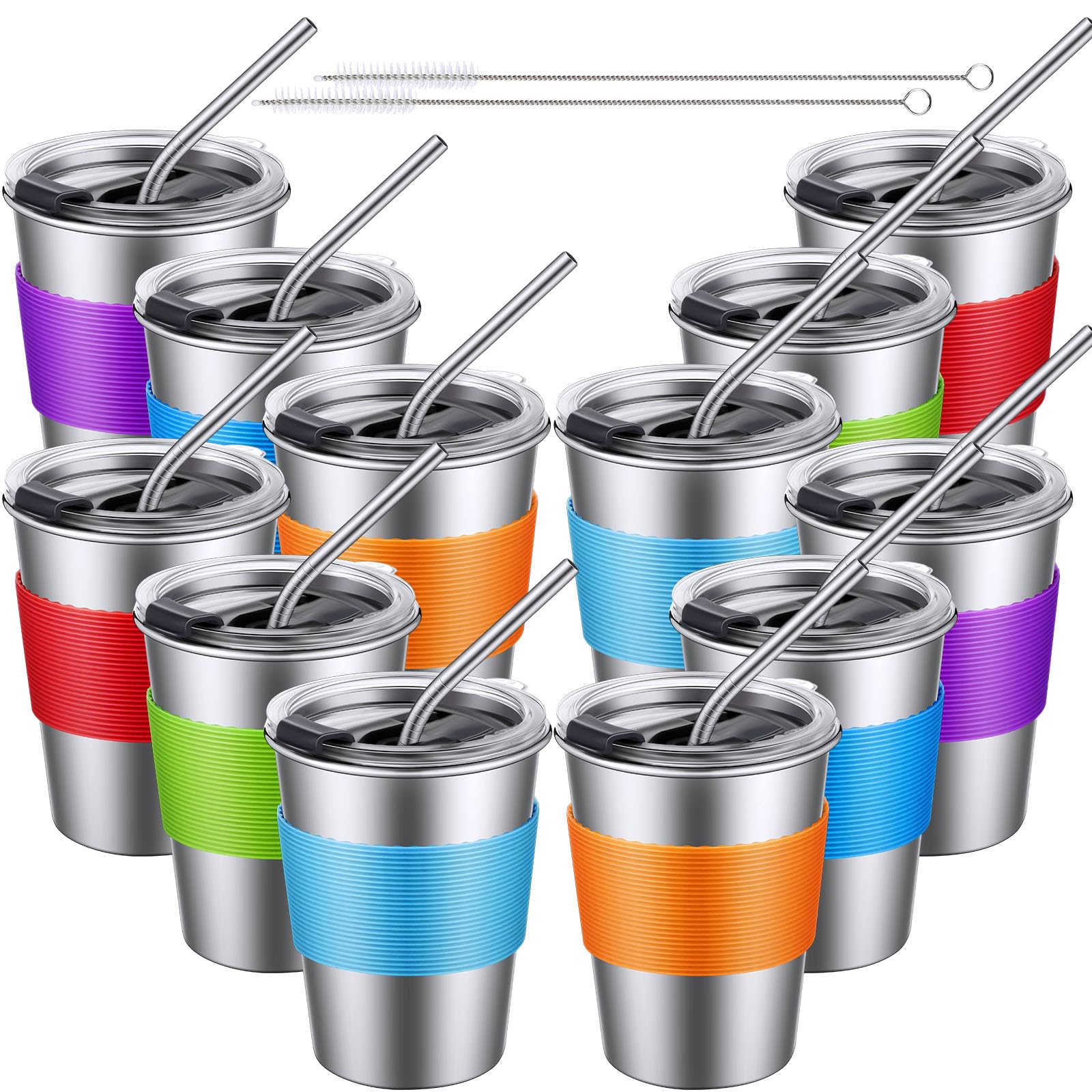 Nuanchu 12 Pcs 12 oz Stainless Steel Tumblers Bulk Spill Proof Cups with Lids and Straws Smoothie Cups Tumbler Water Glasses for Kids Adults, 6 Colors