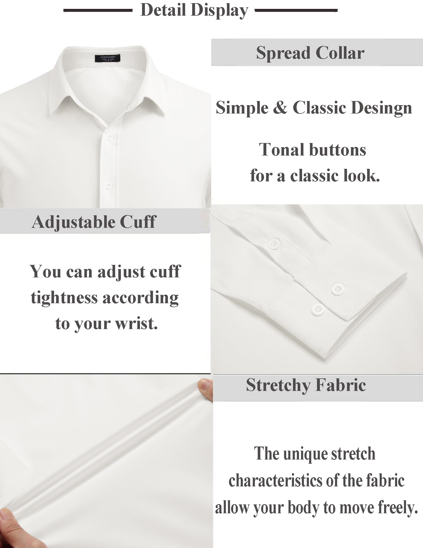 COOFANDY Mens Long Sleeve Dress Shirts Wrinkle Free Stretch Dress Shirt Casual Button Down Shirts A-White