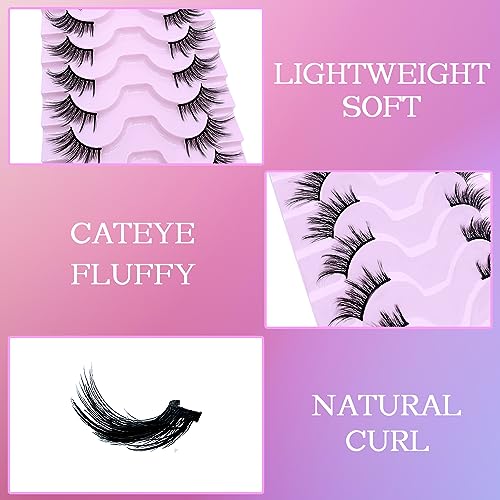 SLSXNL Half Lashes Natural Look Cat Eye 16 mm Wispy Thin Band Manga Lashes 10 Pairs False Eyelashes Cateye Half Eyelashes