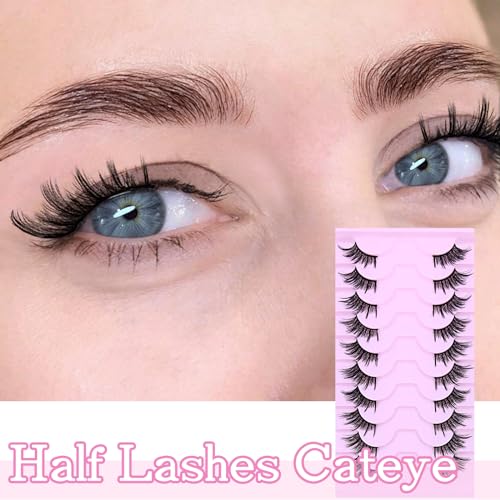 SLSXNL Half Lashes Natural Look Cat Eye 16 mm Wispy Thin Band Manga Lashes 10 Pairs False Eyelashes Cateye Half Eyelashes