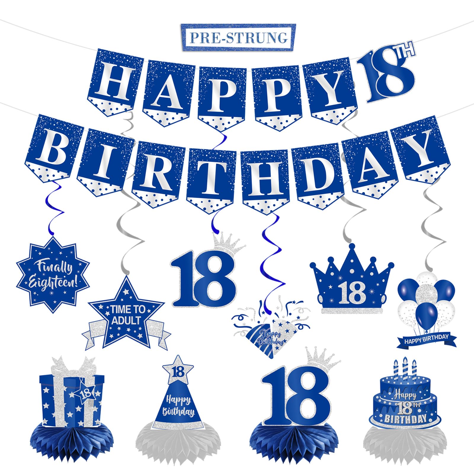 PRE-STRUNG 18th Birthday Decorations, Happy 18th Birthday Banner Sign Hanging Swirls Honeycomb Centerpieces Set for Boy Men Blue, 18 Year Old Birthday Party Backdrop Decor Supplies, PHXEY