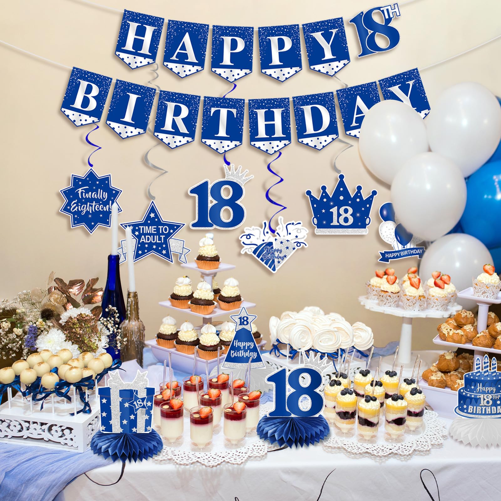 PRE-STRUNG 18th Birthday Decorations, Happy 18th Birthday Banner Sign Hanging Swirls Honeycomb Centerpieces Set for Boy Men Blue, 18 Year Old Birthday Party Backdrop Decor Supplies, PHXEY