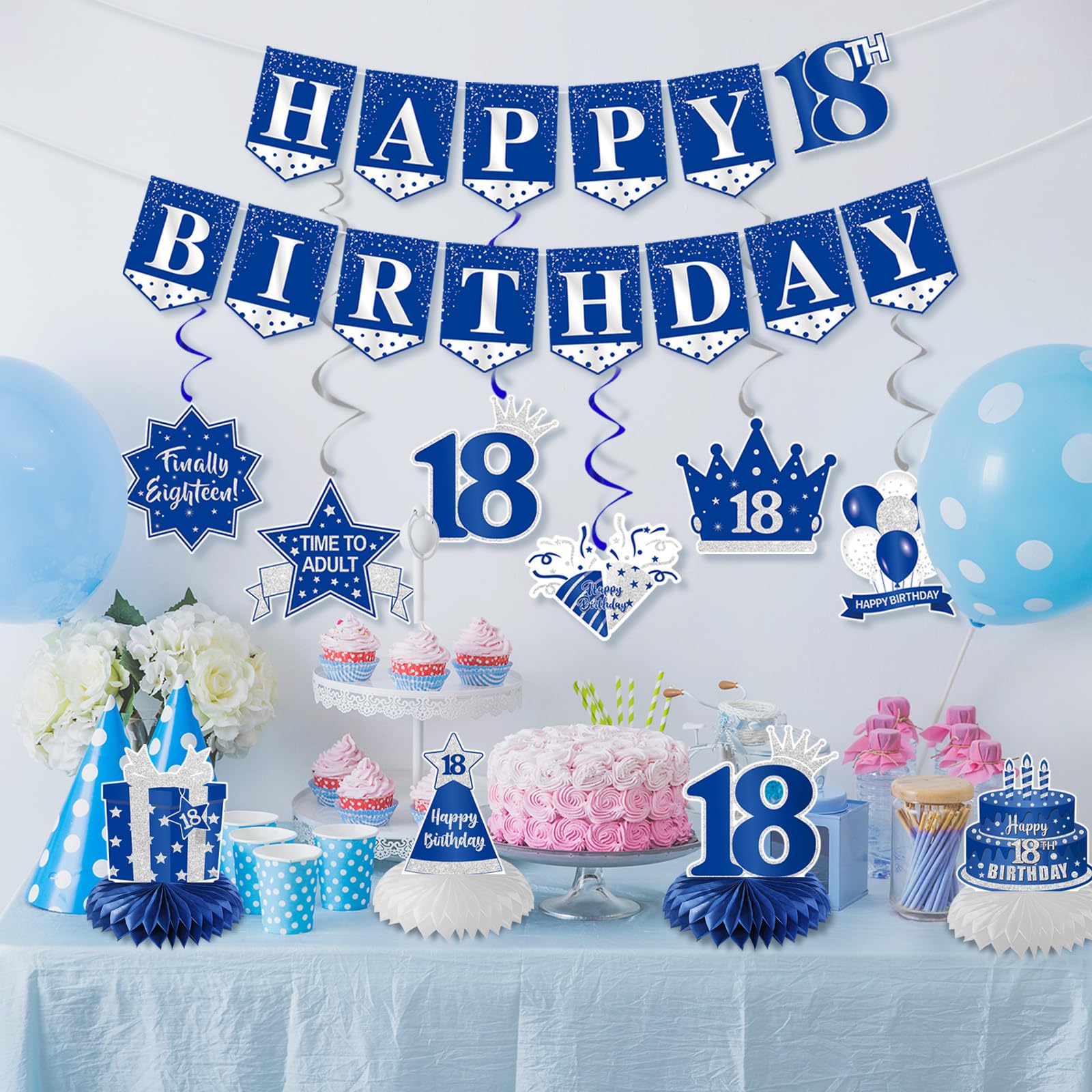 PRE-STRUNG 18th Birthday Decorations, Happy 18th Birthday Banner Sign Hanging Swirls Honeycomb Centerpieces Set for Boy Men Blue, 18 Year Old Birthday Party Backdrop Decor Supplies, PHXEY