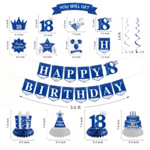 PRE-STRUNG 18th Birthday Decorations, Happy 18th Birthday Banner Sign Hanging Swirls Honeycomb Centerpieces Set for Boy Men Blue, 18 Year Old Birthday Party Backdrop Decor Supplies, PHXEY