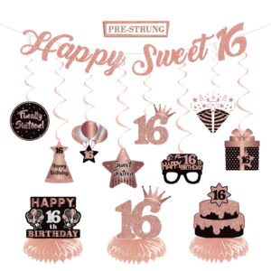 htdzzi sweet 16 birthday letter banner hanging swirls honeycomb centerpieces decorations kit, happy 16th birthday decorations for girls, rose gold sweet sixteen birthday party backdrop decor supplies