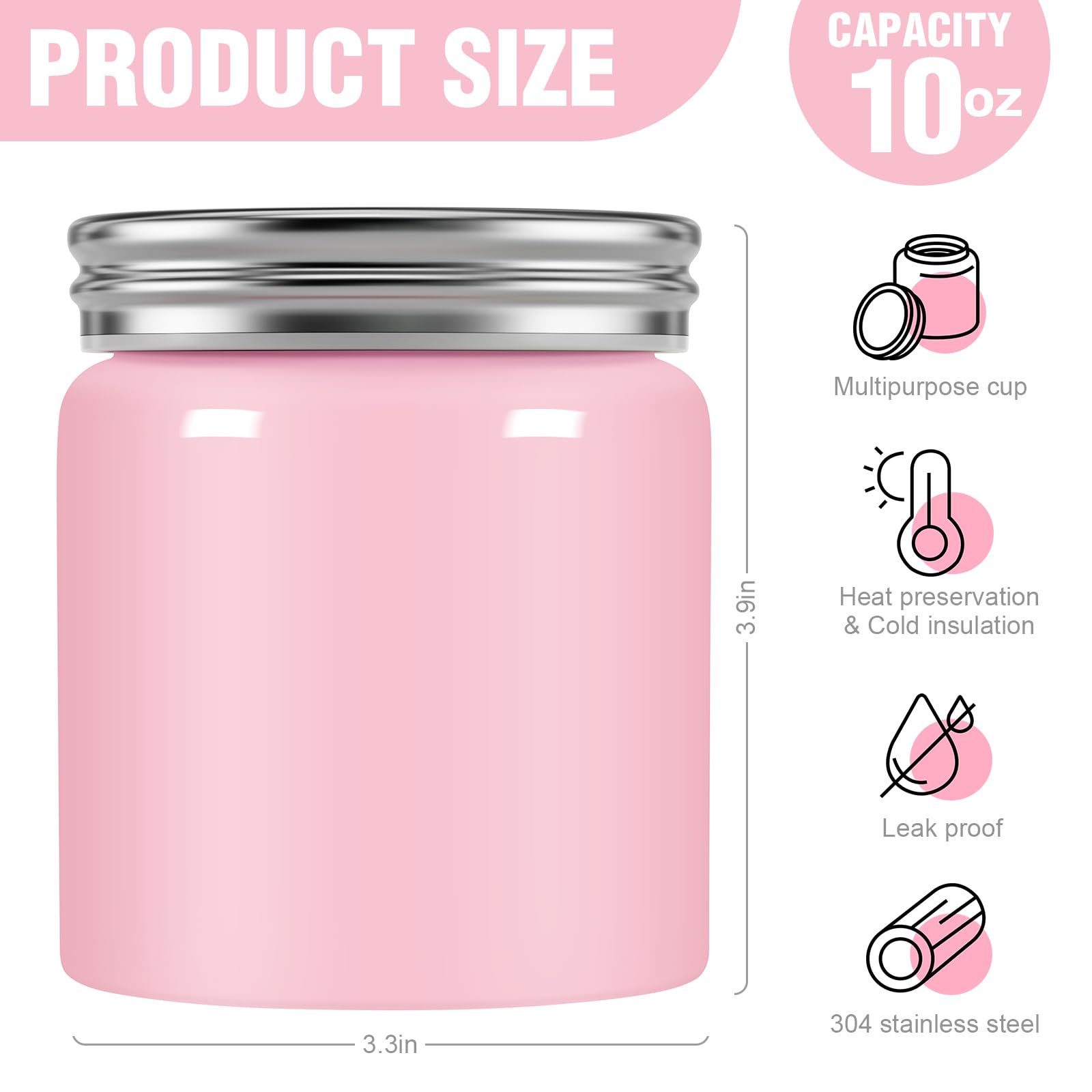 MZLMZL Insulated Food Jars,10oz Insulated Food Container,Soup Termoses Para Comida Caliente,Wide Mouth Design Food Jars Hot or Cold Meals Lunch Box (10oz-Pink)