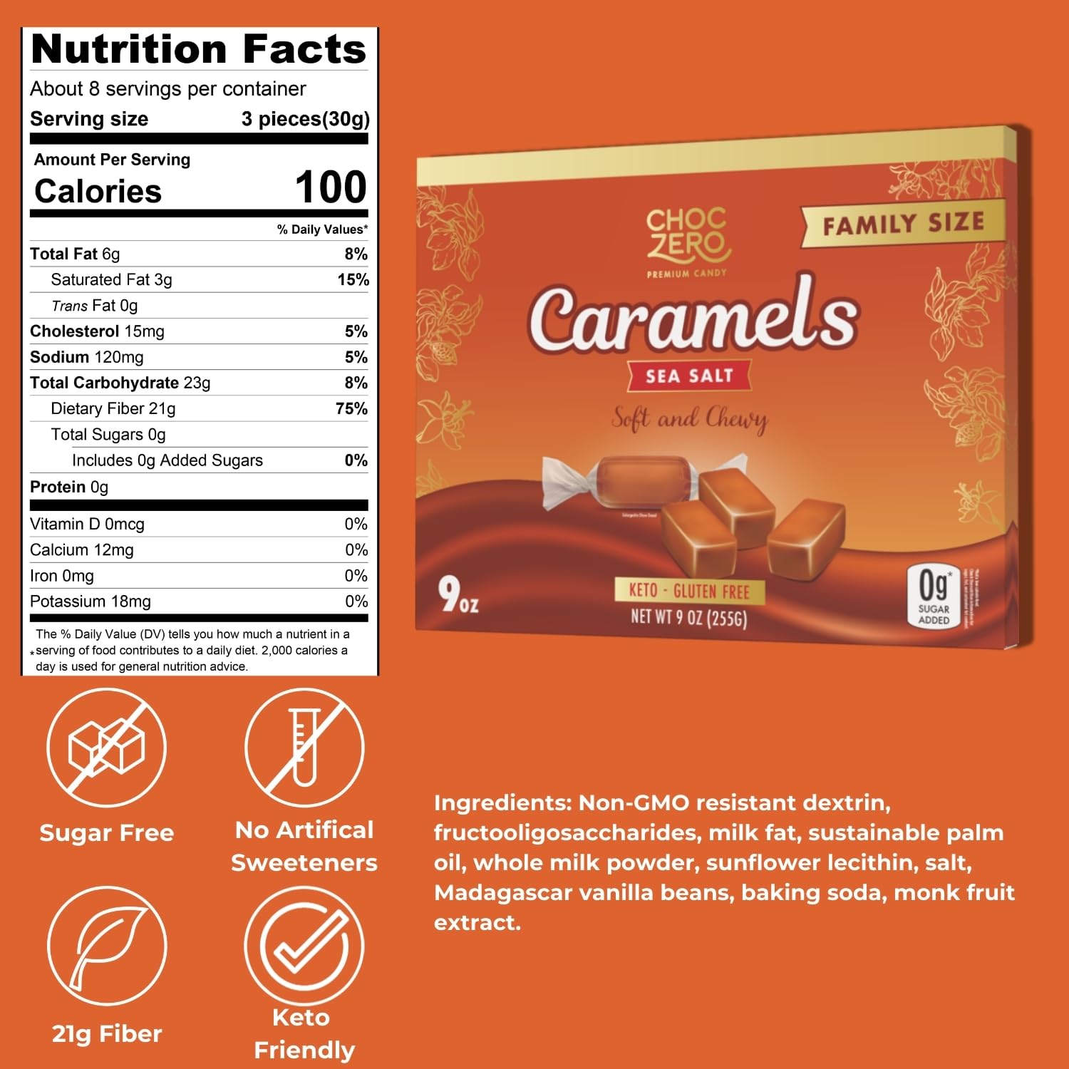 ChocZero Sugar Free Caramels - Keto Caramel Candy - All Natural, Classic Candies - Low Carb Snack (9 ounce Box)