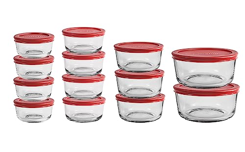 Anchor Hocking 26 Piece Glass Storage Containers with Lids (13 Glass Food Storage Containers & 13 Red SnugFit Lids)